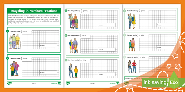 Recycling in Numbers: Fractions Worksheet (teacher made)