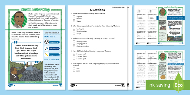 KS1 Martin Luther King Differentiated Reading Comprehension Activity