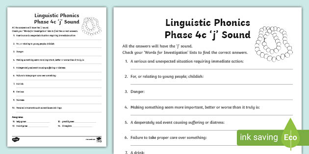 Linguistic Phonics Phase 4c 'j' Sound Word Worksheet