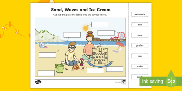 Sand, Waves and Ice Cream Cut and Paste Labelling Activity