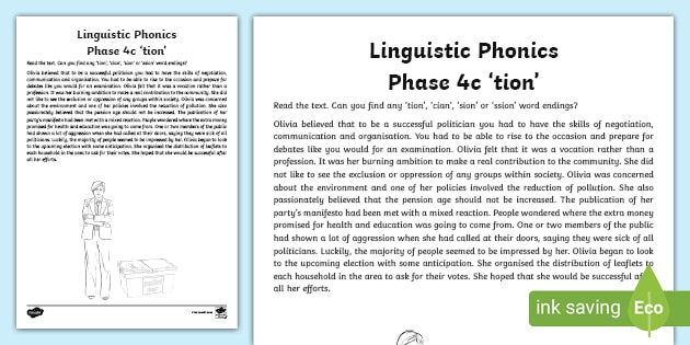 Linguistic Phonics Phase 4c 'tion’ Text Search Worksheet
