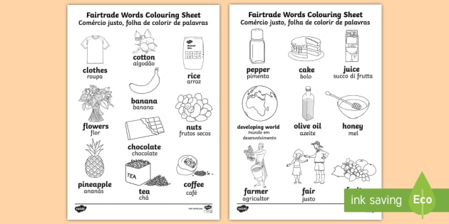 Fairtrade Words Colouring Sheet English/Portuguese - Fairtrade Words ...