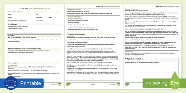 Resources and their Values Lesson Plan (teacher made)