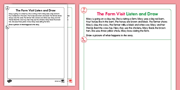 Prekindergarten Reading Passage-The Farm Visit-Listen and Draw