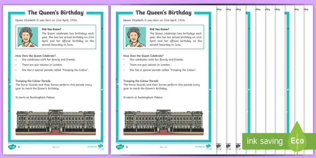 * NEW * KS1 The Queen's Birthday Reading Comprehension Activity