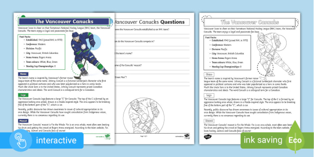 Vancouver Canucks Reading Comprehension - Grades 4-6