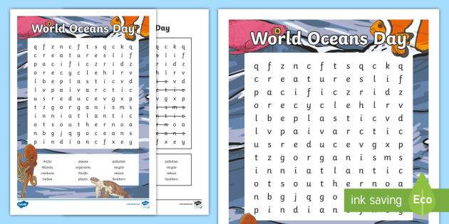 World Oceans Day Word Search (teacher made)