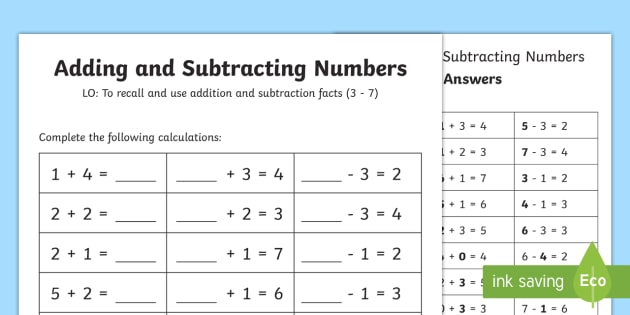 Number Facts Worksheet 3-7 (teacher made)