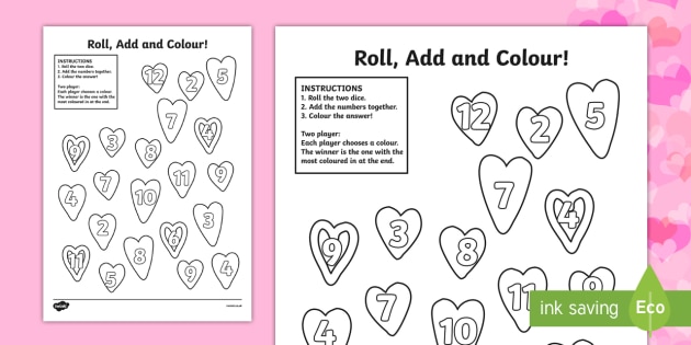 Valentine's Day Colour And Roll Worksheet