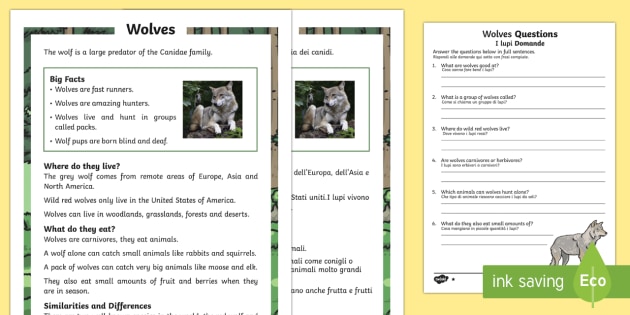 Wolves Differentiated Reading Comprehension Activity Italian Translation