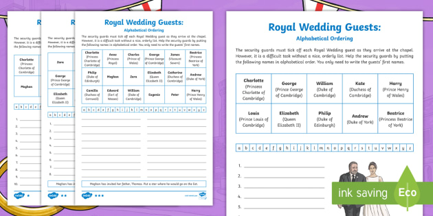 KS2 Royal Wedding Guests Alphabetical Order Differentiated Worksheets