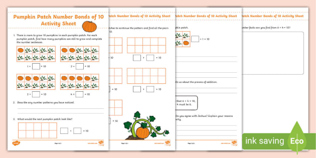 👉 Pumpkin Patch Number Bonds of 10 Worksheet