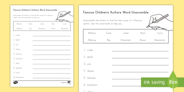 Famous Children's Authors Word Unscramble