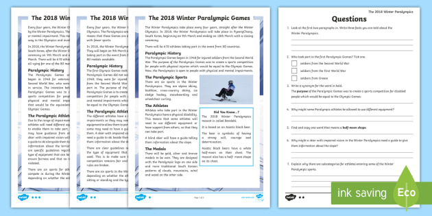 KS2 2018 Winter Paralympics Differentiated Reading Comprehension Activity