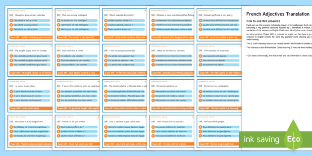 Adjectives Translation Challenge Cards French