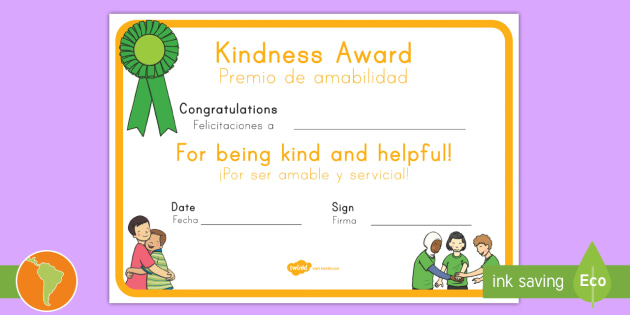 Kindness Award Certificate English/Spanish - Kindness Award Certificate