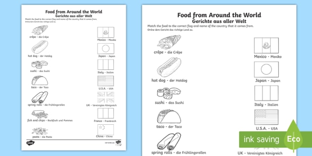 Food From Around the World Matching Worksheet / Worksheet English/German