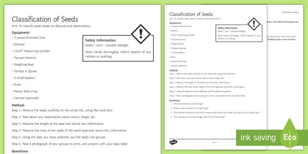 Classification of Seeds Investigation Instruction Sheet Print-Out