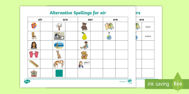 * NEW * Alternative Spellings air are ear Table Activity Sheet