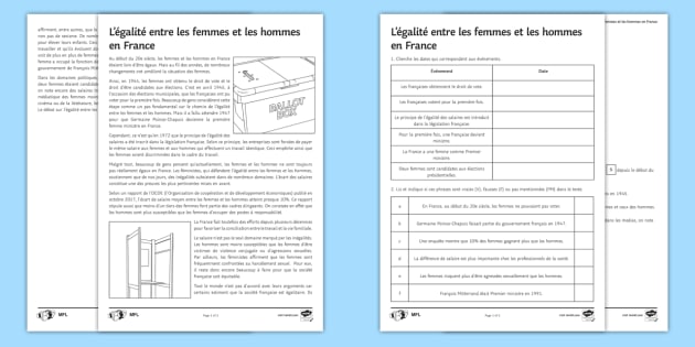International Women's Day: Gender Equality Higher Tier Worksheet French