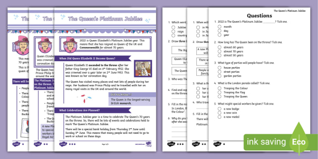 KS1 The Queen's Platinum Jubilee Reading Comprehension