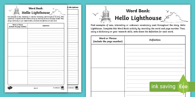 Word Bank Activity to Support Teaching on Hello Lighthouse