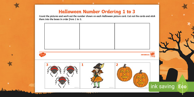 Halloween-Themed Cut and Stick Number Ordering Sheet 1 to 3