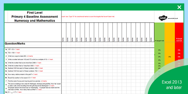 First Level Baseline Maths Analysis Assessment Spreadsheet