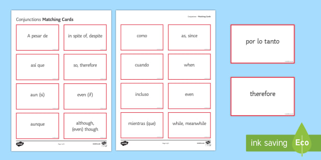 Conjunctions Matching Cards Spanish (teacher made)