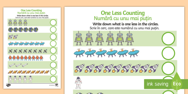 Space Themed One Less Counting Worksheet / Worksheet - English / Romanian