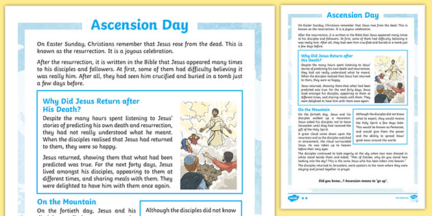 Ascension Day Comprehension Sheets - ESL Easter Reading