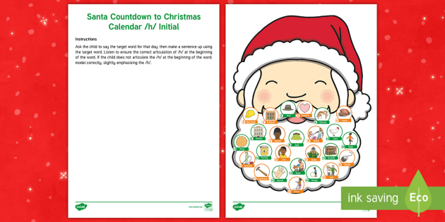 Santa Countdown to Christmas Calendar /h/ Initial Worksheet