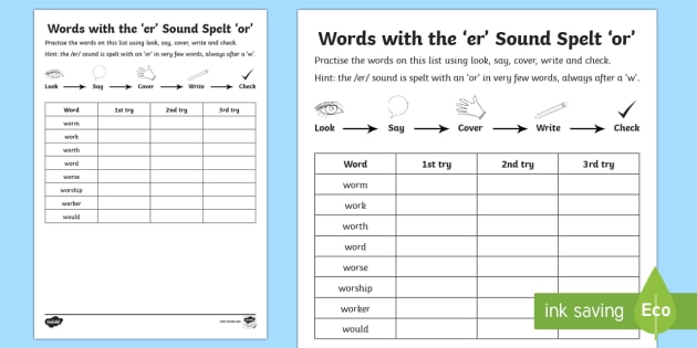 Year 2 Spelling Practice /er/ Sound Spelt 'or' Homework Worksheet ...