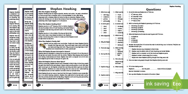 LKS2 Stephen Hawking Differentiated Reading Comprehension Activity
