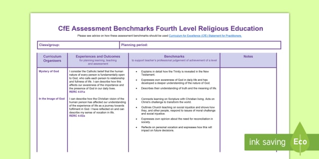 CfE Fourth Level Religious Education (Roman Catholic) Benchmarks Assessment