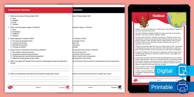 Third Grade Thailand Reading Comprehension Activity