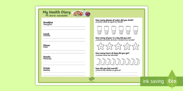 Healthy Living Diary Record Sheet Worksheet / Worksheet English/Spanish