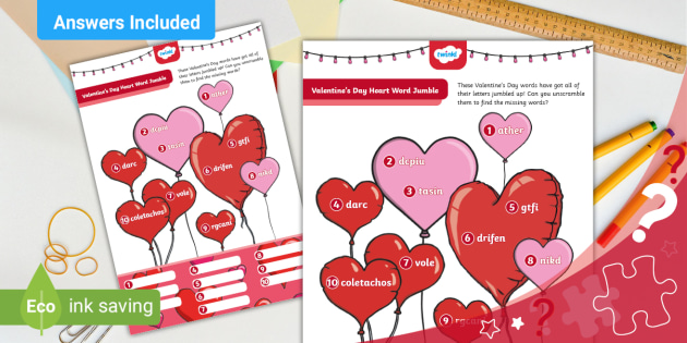 Valentine's Day Heart Word Jumble puzzle - Twinkl Puzzled