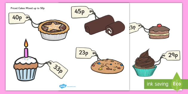Cut-Out Priced Cakes Mixed up to 50p (teacher made)