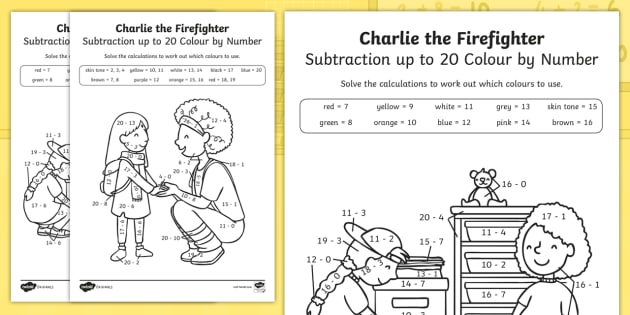 Charlie the Firefighter Subtraction to 20 Colour by Number