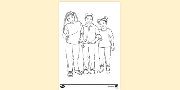FREE! - Three Children Linked Arms Colouring Sheet | Colouring Sheets