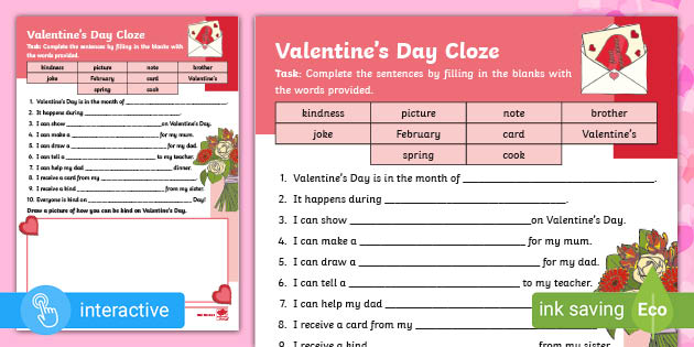 Valentine's Day Cloze Worksheet (teacher made)