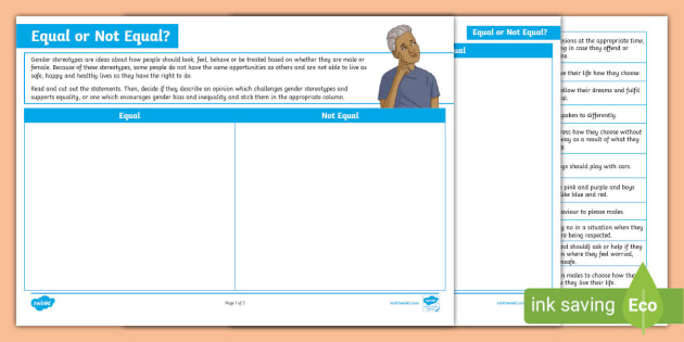 Gender Equality Worksheet - Equal or Not Sorting Statements