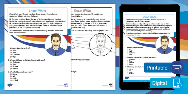 Second Grade Shaun White U.S. Olympian Reading Passage Comprehension ...