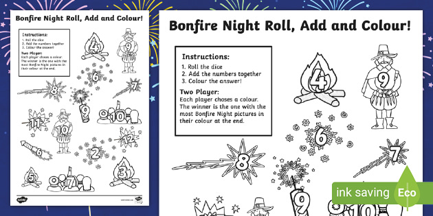 Bonfire Night Colour and Roll Worksheet (teacher made)