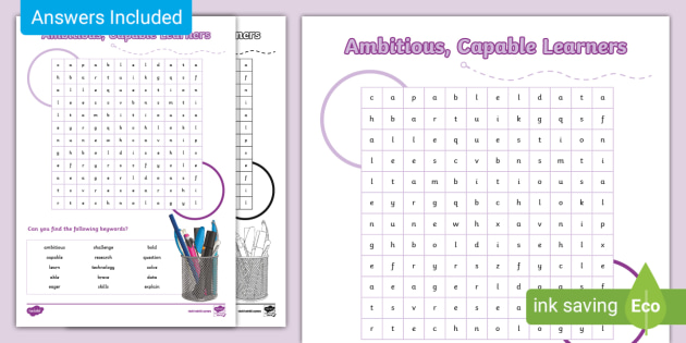 Four Purposes: Ambitious, Capable Learners Word Search