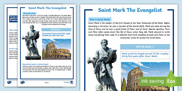 Catholic Saint Mark The Evangelist Fact File (teacher made)