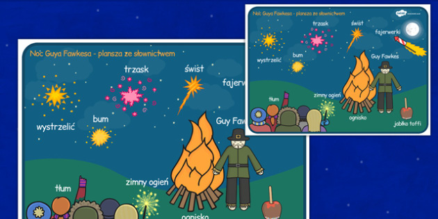 Plansza ze słownictwem Noc Guya Fawkesa po polsku