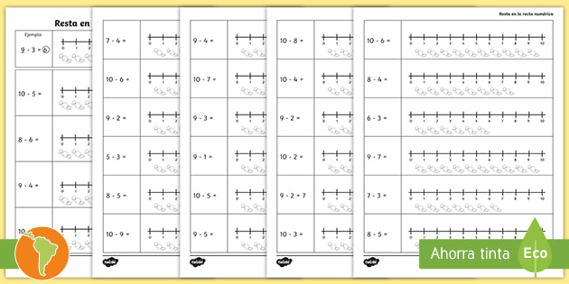 Restas hasta el 10 en la recta numérica