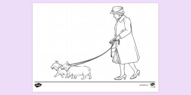 FREE! - The Queen Walking Her Corgis Colouring Sheet